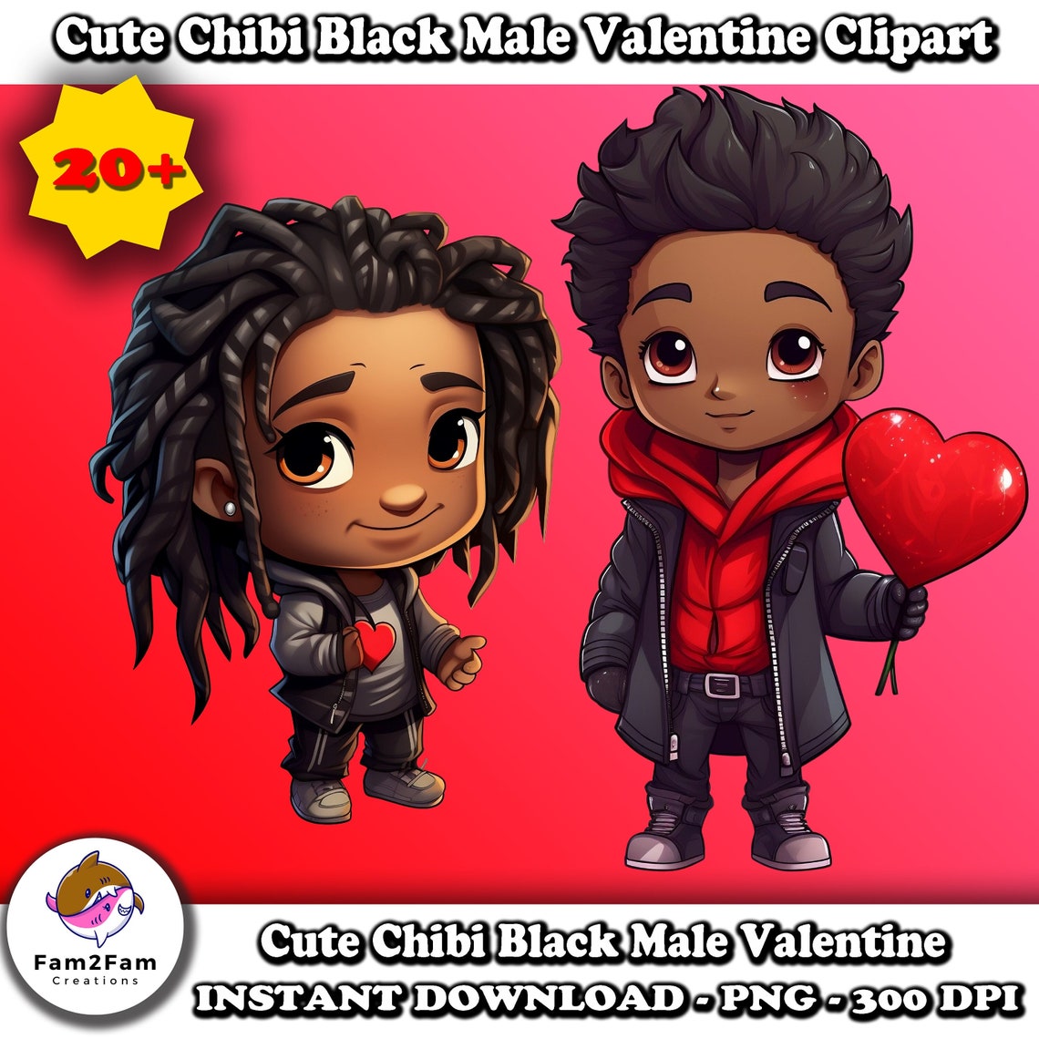 Cute Black Male Chibi Valentine Clipart Bundle Dreads Black Boy Cartoon ...