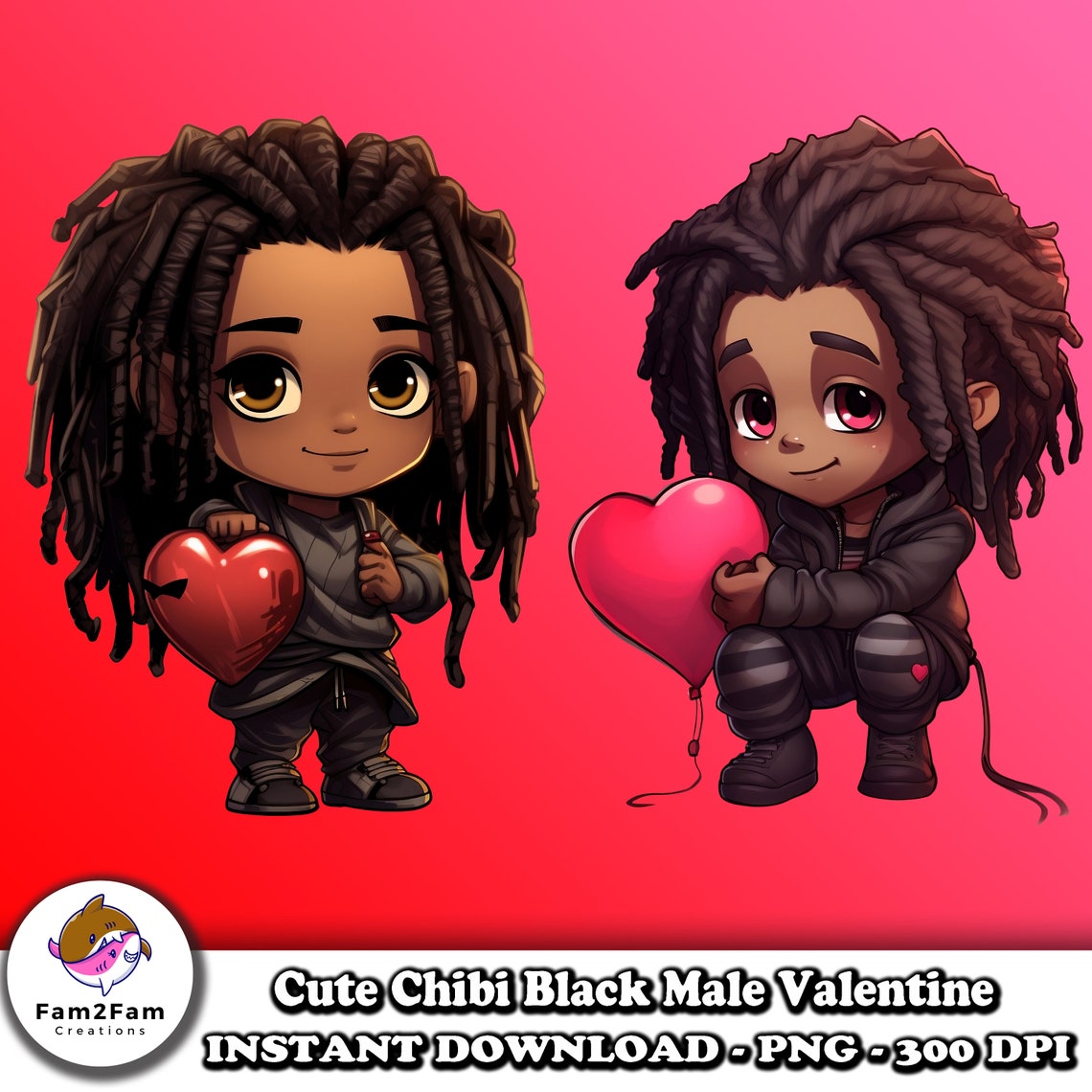Cute Black Male Chibi Valentine Clipart Bundle Dreads Black Boy Cartoon ...