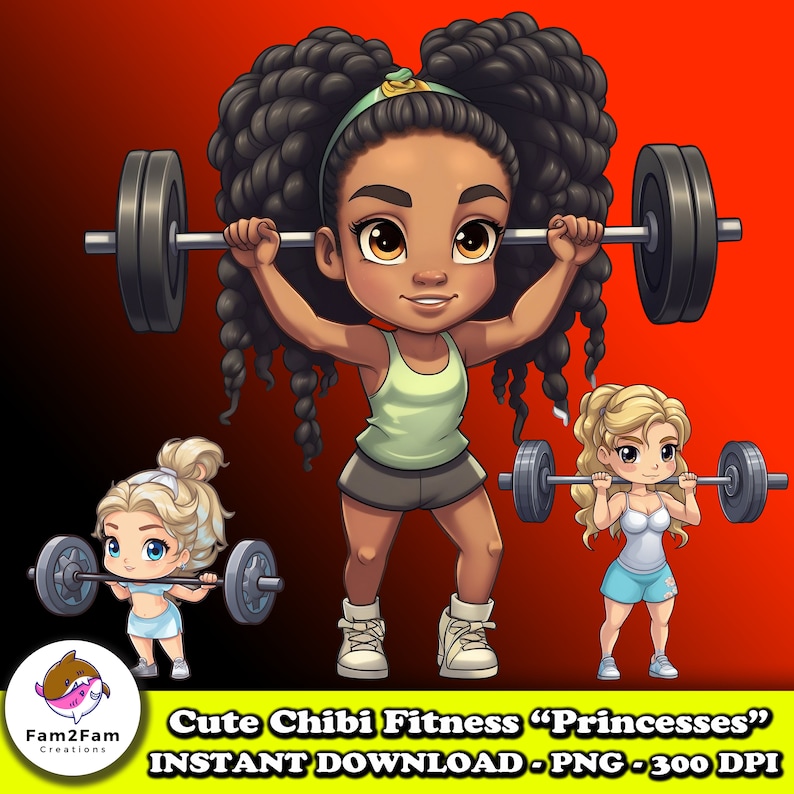 Cute Fitness Clipart Bundle Strong Fitness Girls Clip Art Chibi Style ...
