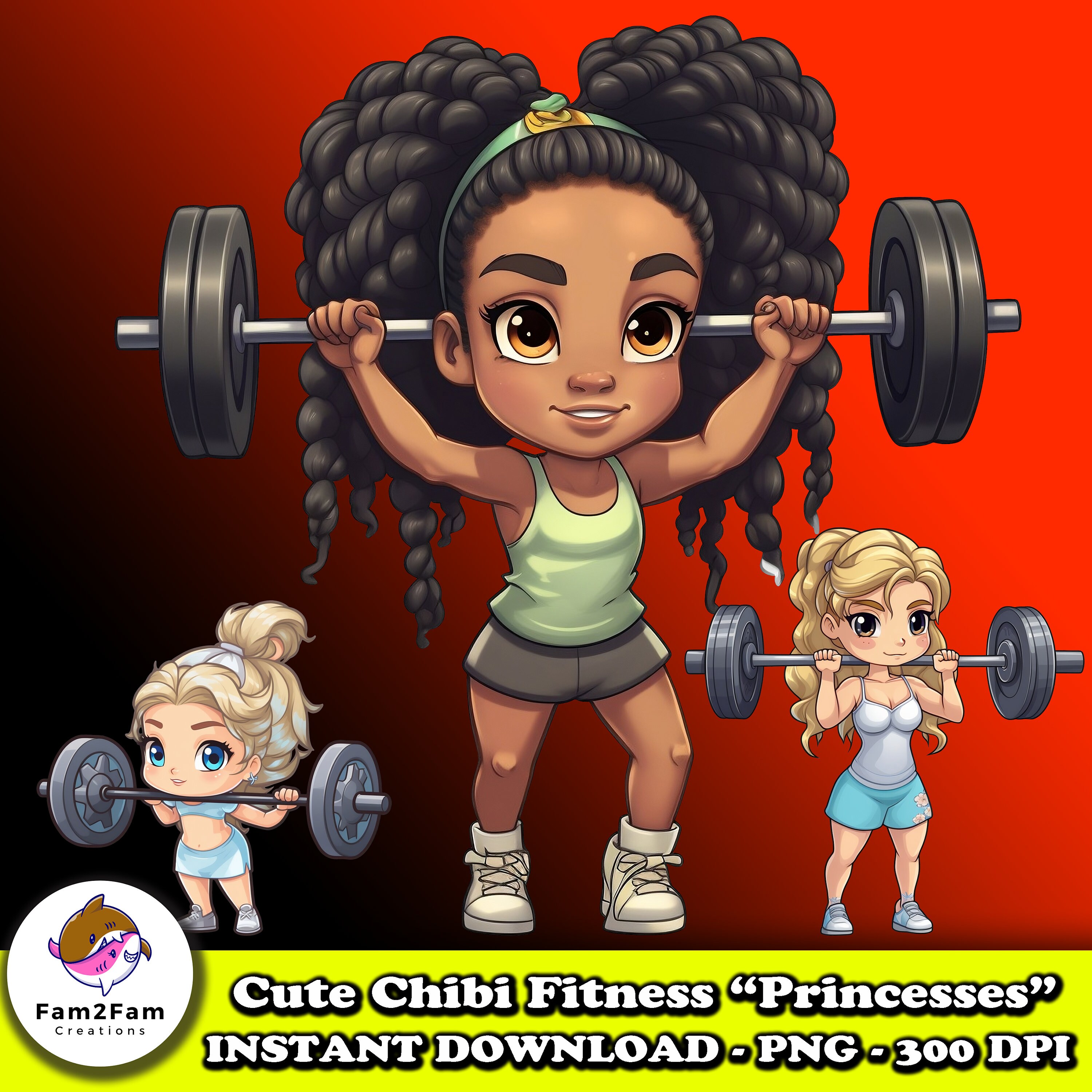 Cute Fitness Clipart Bundle Strong Fitness Girls Clip Art Chibi Style ...