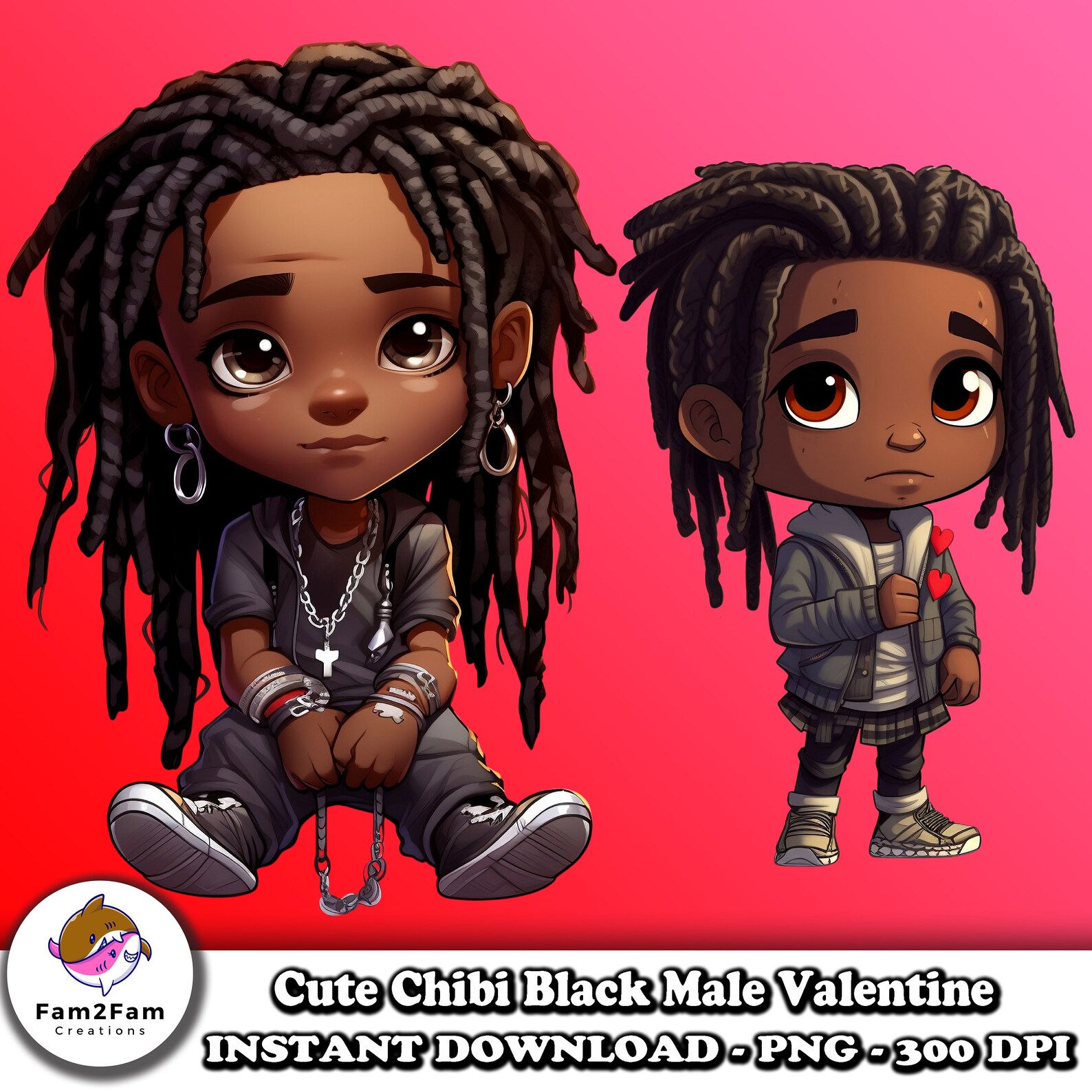Cute Black Male Chibi Valentine Clipart Bundle Dreads Black Boy Cartoon ...
