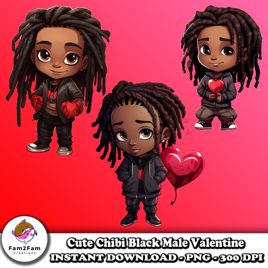 Cute Black Male Chibi Valentine Clipart Bundle Dreads Black Boy Cartoon ...