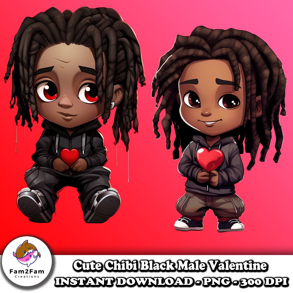 Cute Black Male Chibi Valentine Clipart Bundle Dreads Black Boy Cartoon ...
