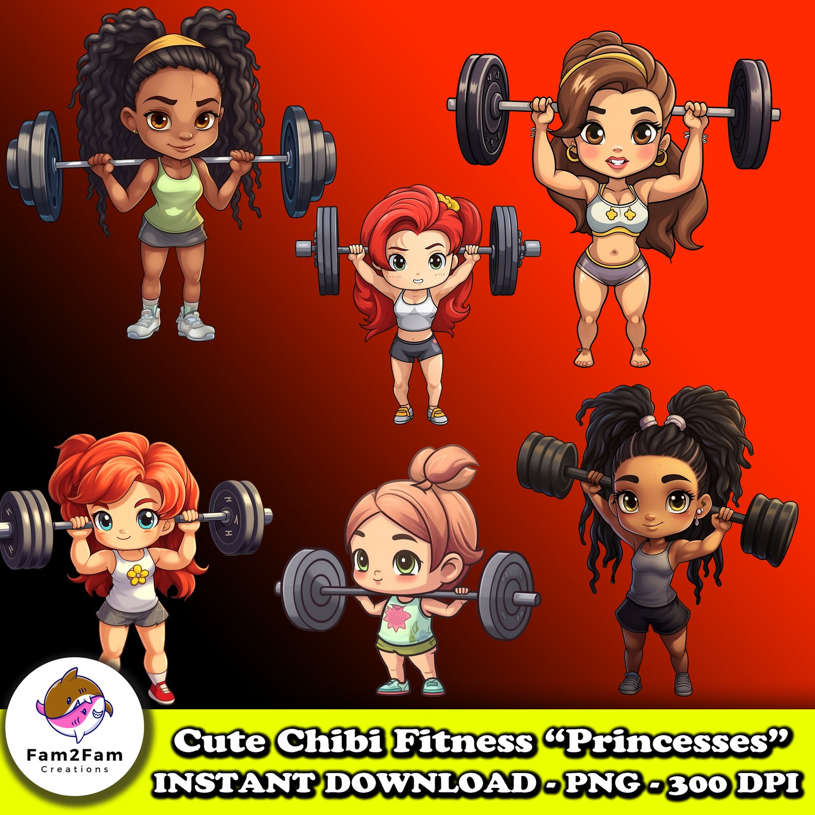 Cute Fitness Clipart Bundle Strong Fitness Girls Clip Art Chibi Style ...