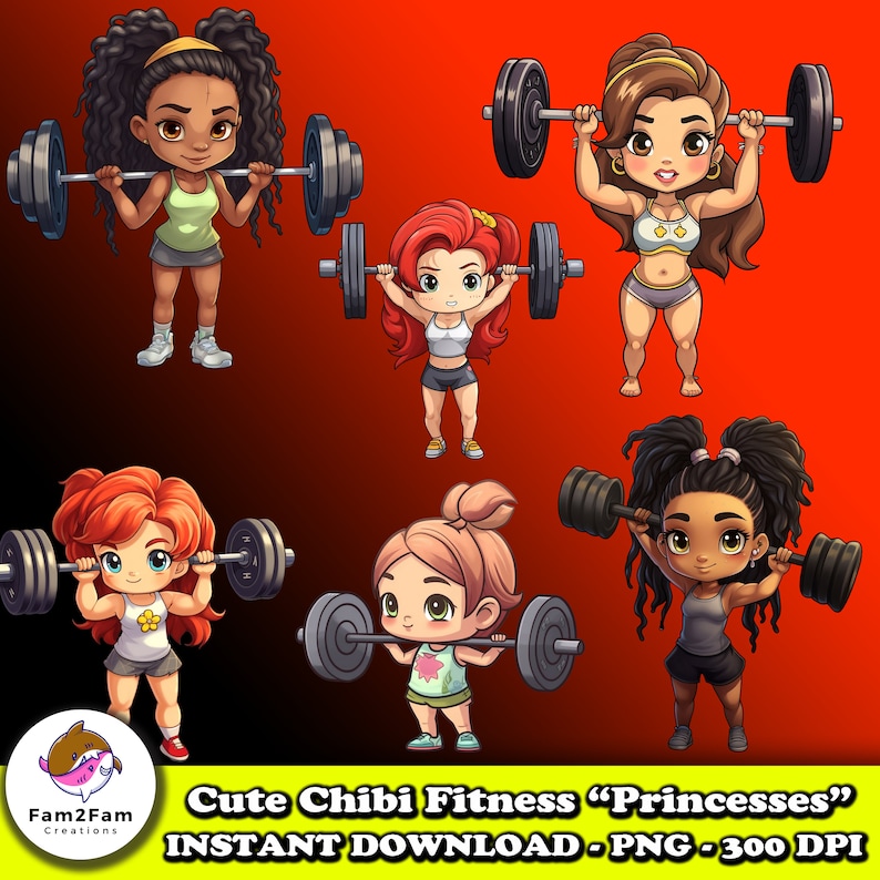 Cute Fitness Clipart Bundle Strong Fitness Girls Clip Art Chibi Style ...