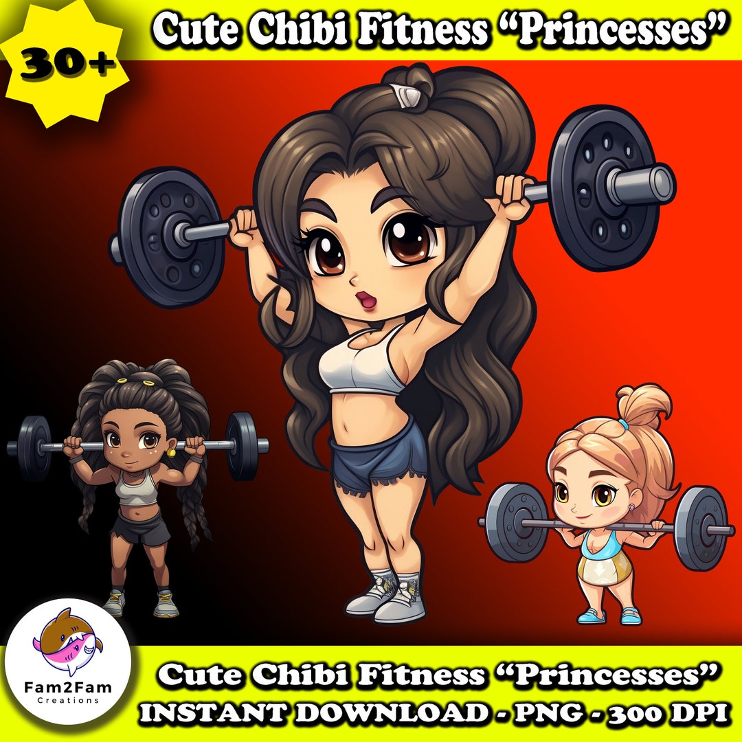 Cute Fitness Clipart Bundle Strong Fitness Girls Clip Art Chibi Style ...