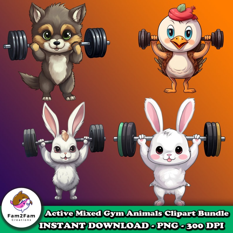 Gym Animals Clipart Bundle: Fitness PNG Graphics (digital Download) - Etsy
