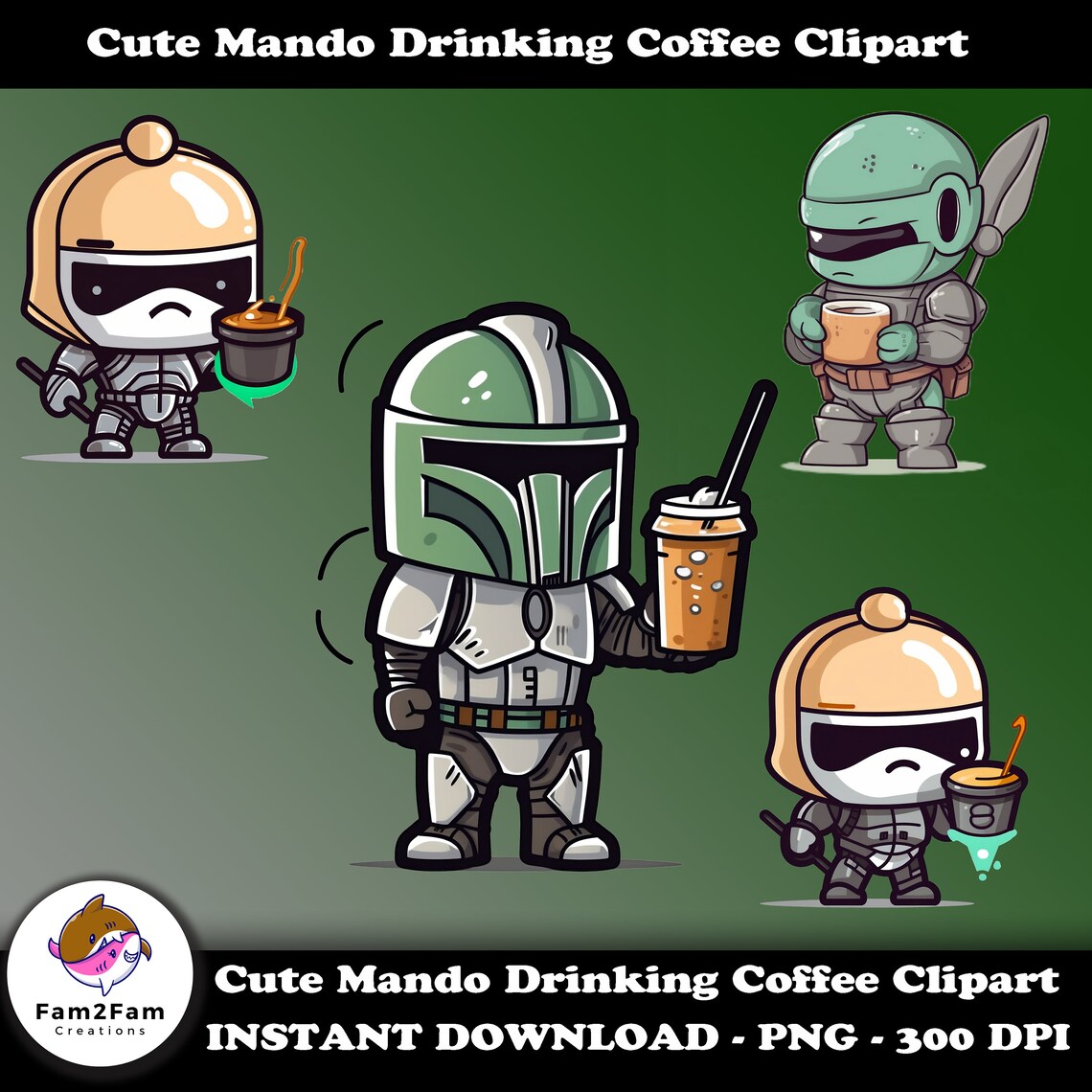 Cute Mando Drinking Coffee Clipart Space Wars Character Star - Etsy