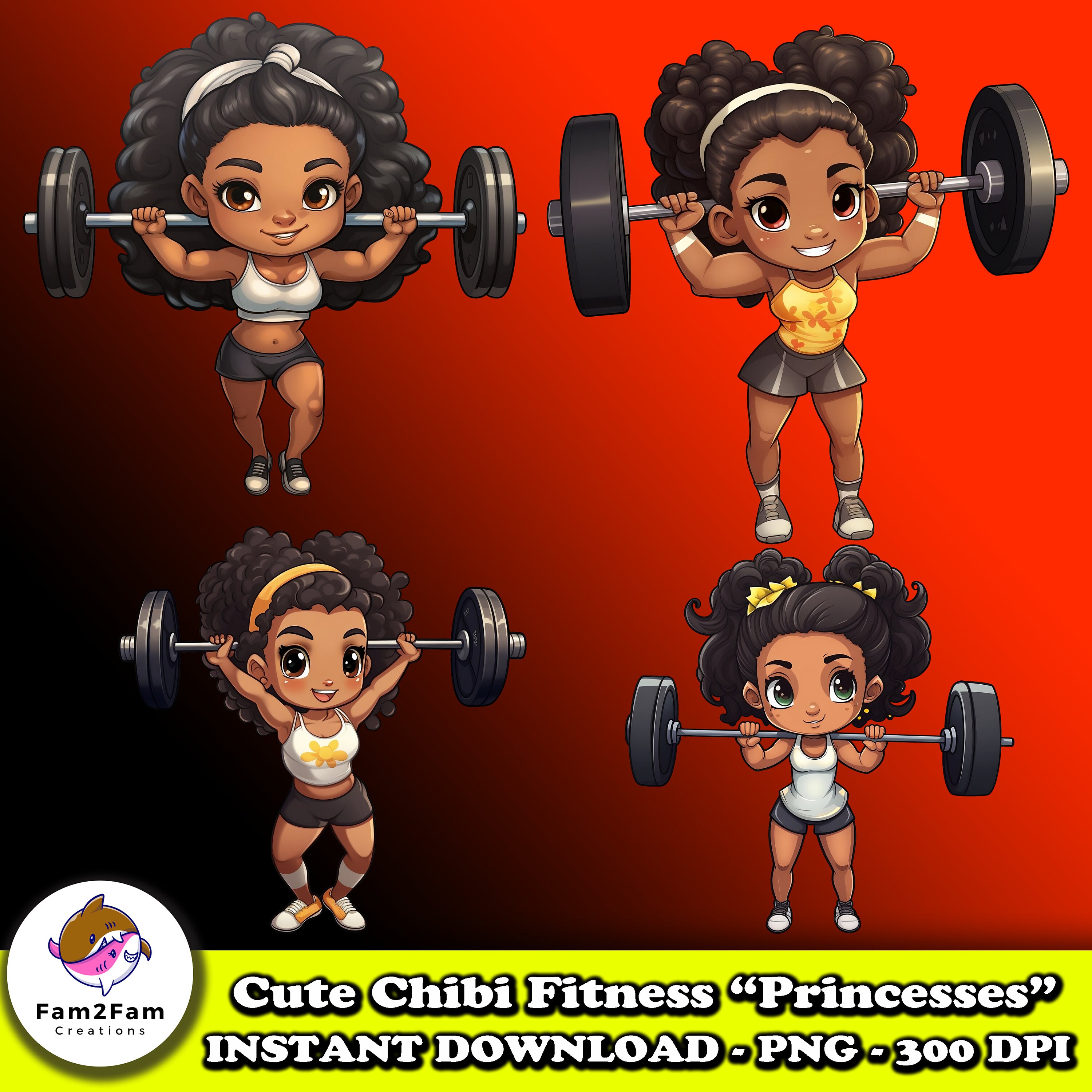 Cute Fitness Clipart Bundle Strong Fitness Girls Clip Art Chibi Style ...