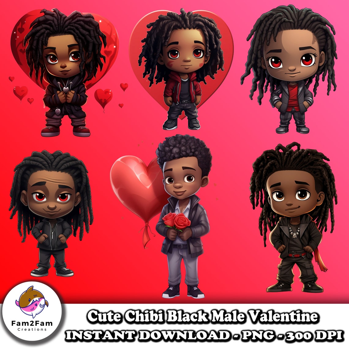 Cute Black Male Chibi Valentine Clipart Bundle Dreads Black Boy Cartoon ...