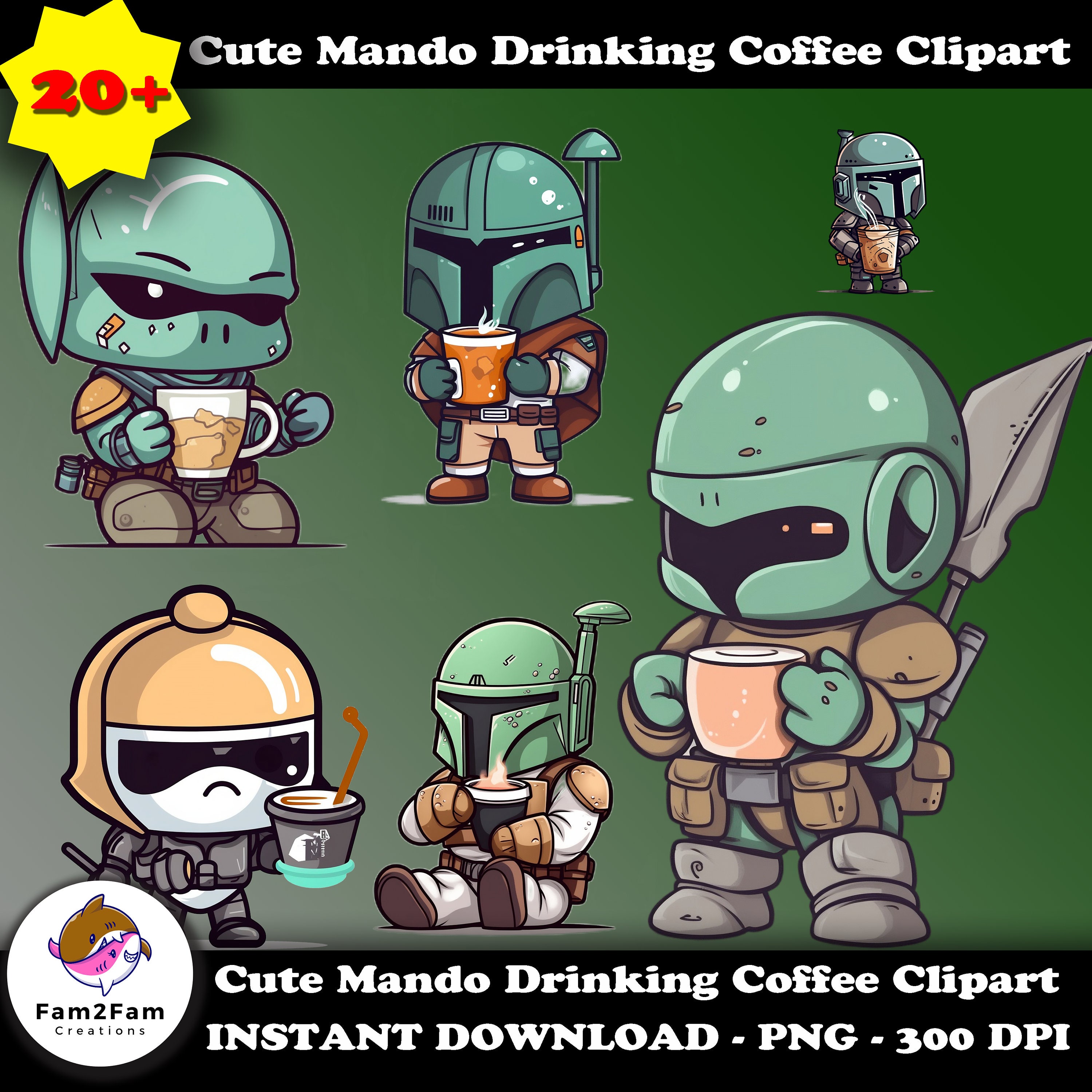 Cute Mando Drinking Coffee Clipart Space Wars Character Star - Etsy