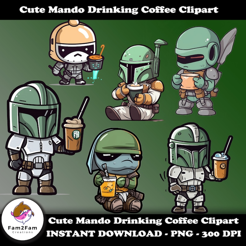 Cute Mando Drinking Coffee Clipart Space Wars Character Star Wars Style ...