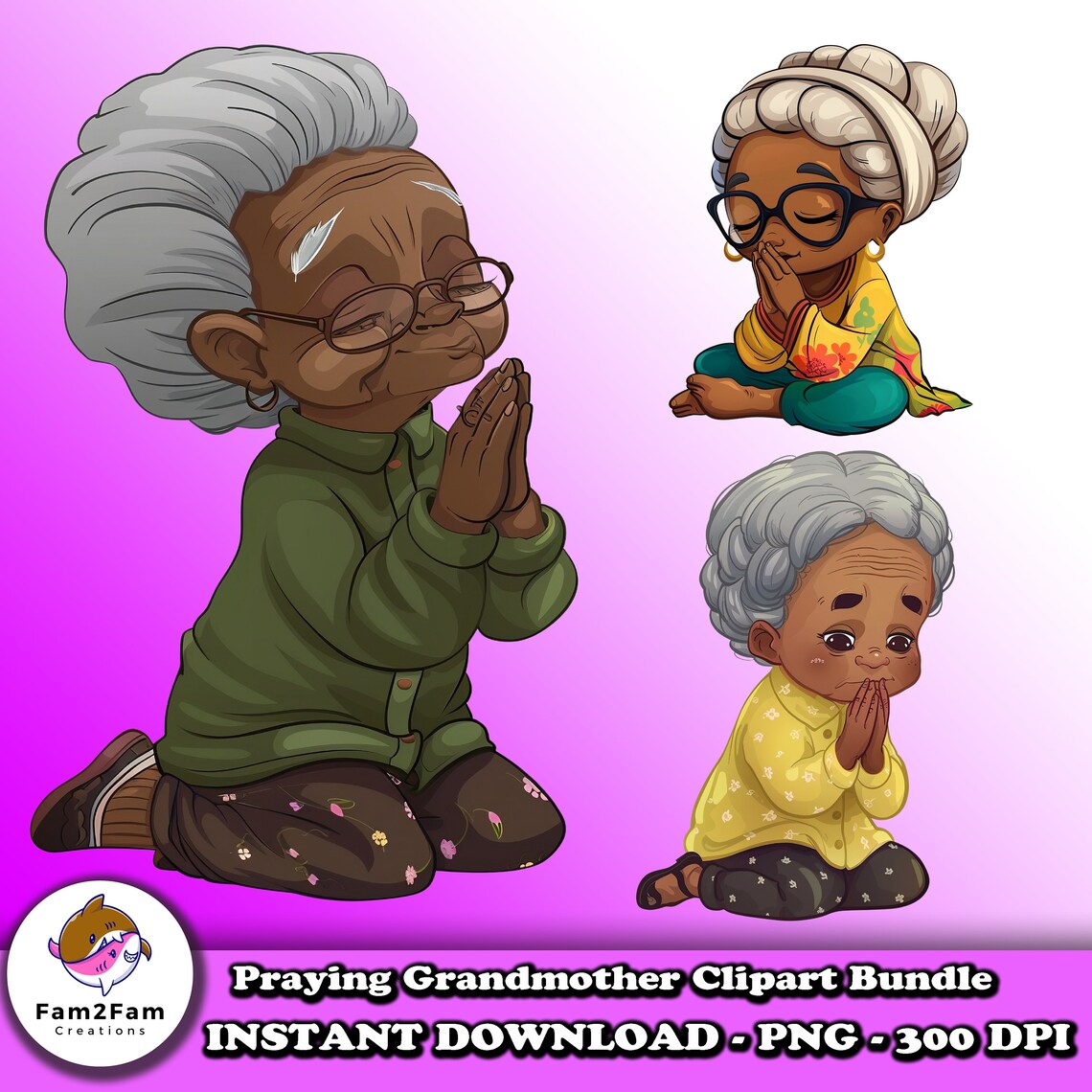 Cute Praying Grandmother Chibi Clipart Bundle Mother or Grandmother ...
