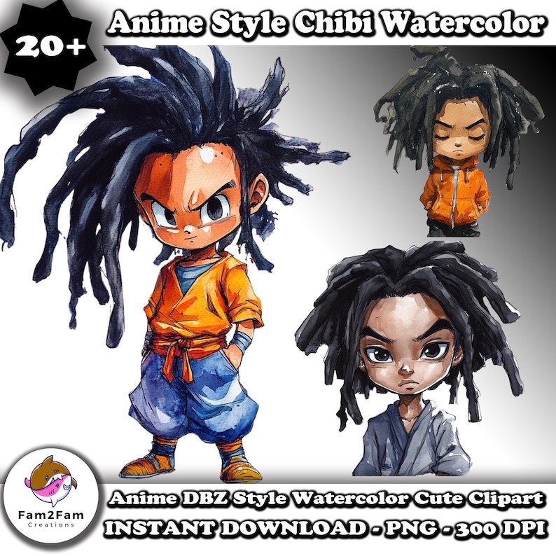 Anime Chibi Clipart Bundle: Watercolor Afro Characters (digital ...
