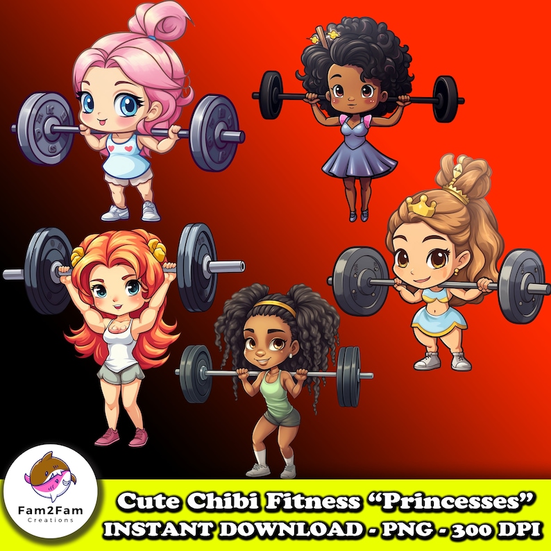 Cute Fitness Clipart Bundle Strong Fitness Girls Clip Art Chibi Style ...