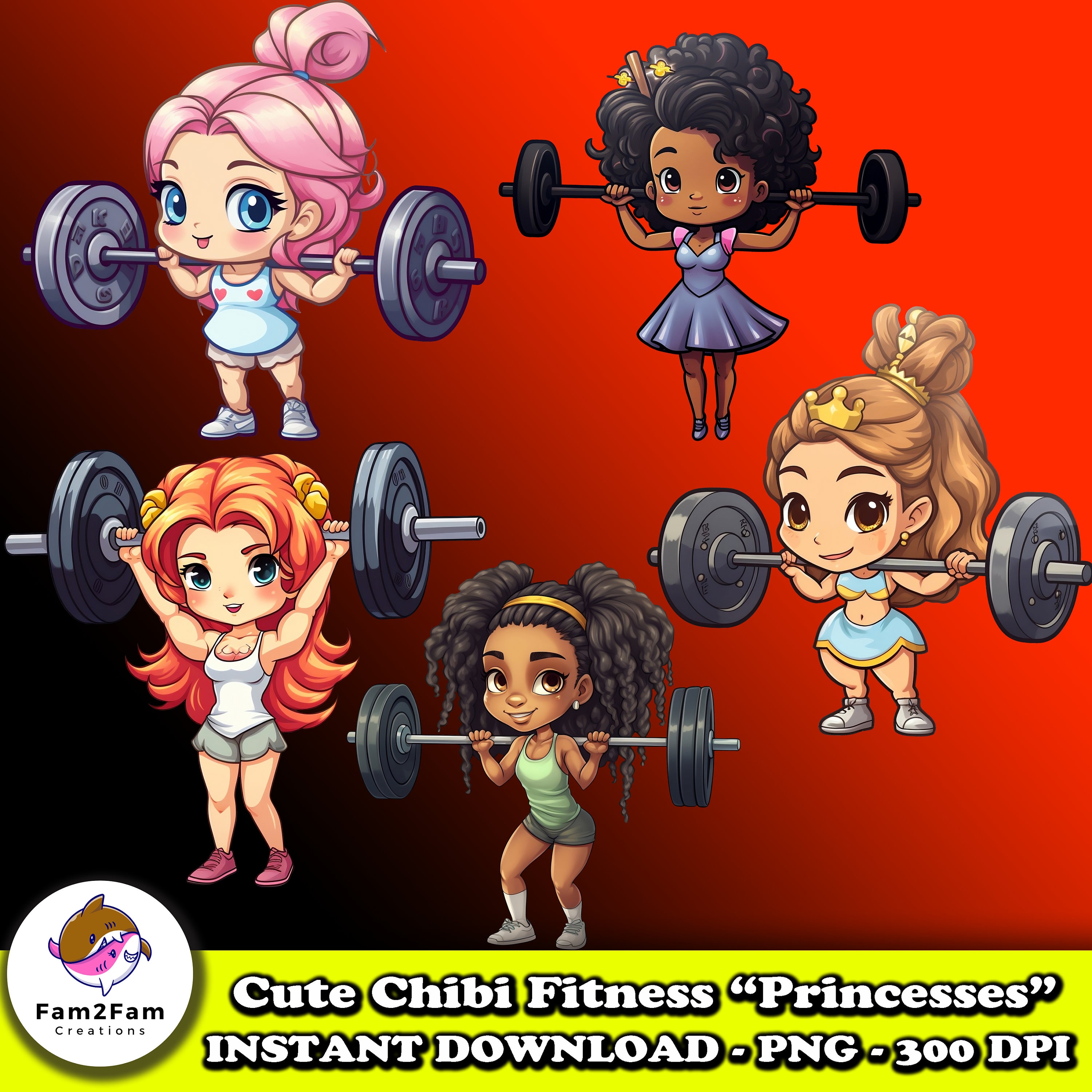 Cute Fitness Clipart Bundle Strong Fitness Girls Clip Art Chibi Style ...