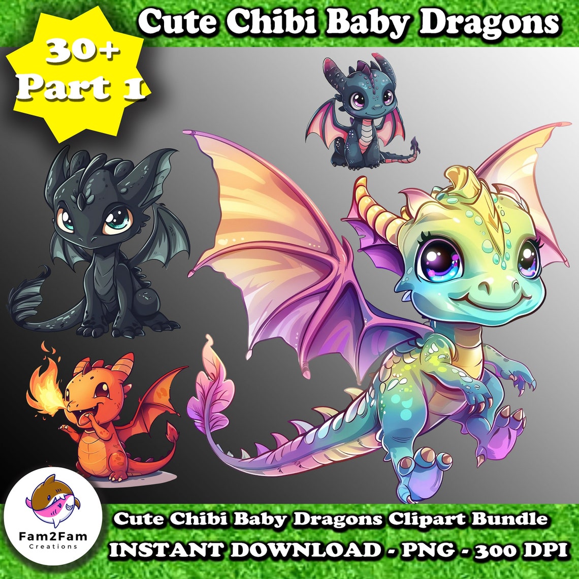 Cute Chibi Dragon Clipart Bundle Part 1 Baby Dragon Clipart Chibi Style ...