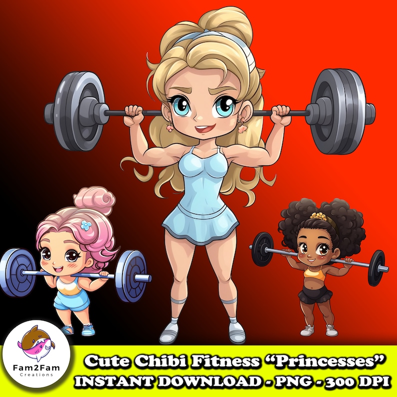 Cute Fitness Clipart Bundle Strong Fitness Girls Clip Art Chibi Style ...
