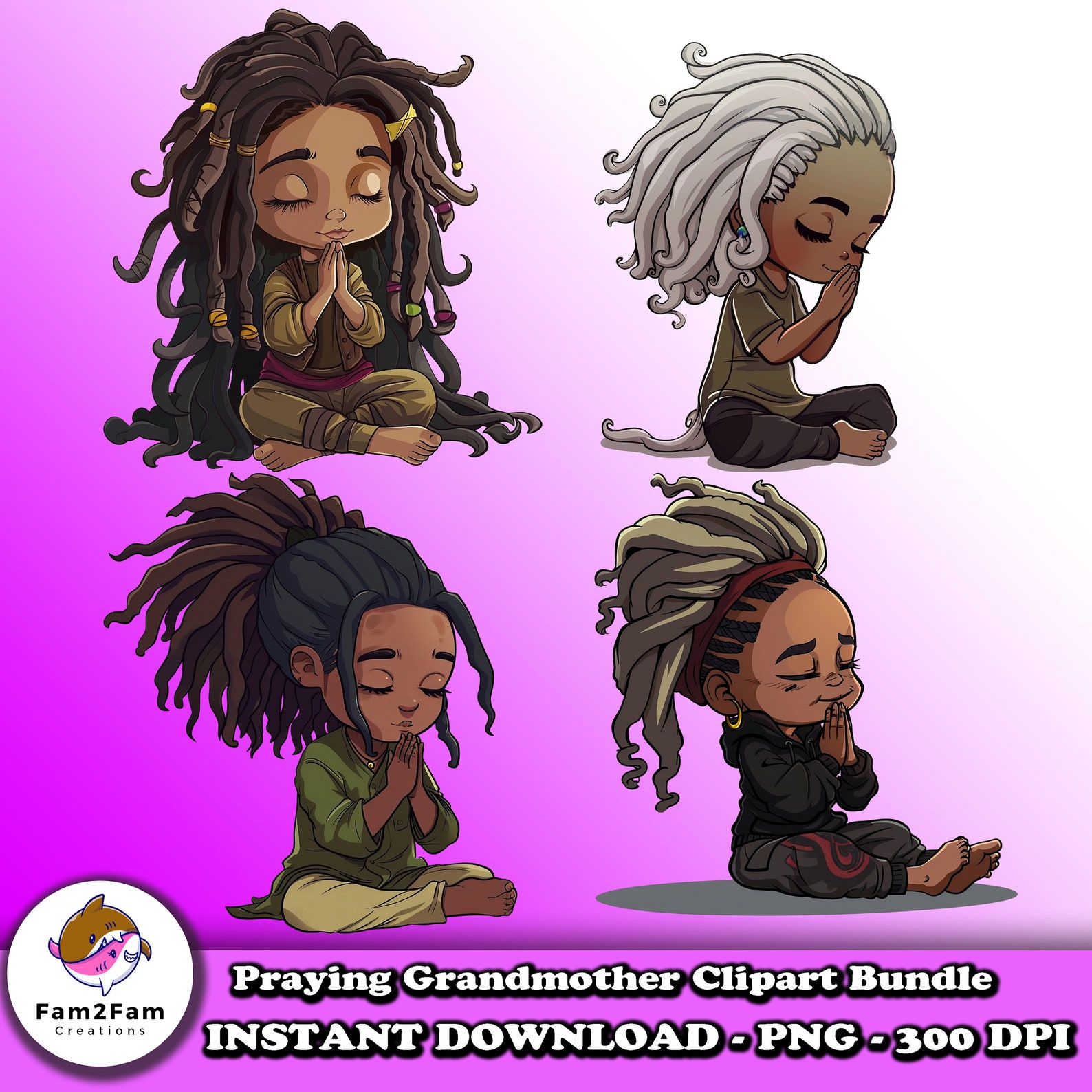 Cute Praying Grandmother Chibi Clipart Bundle Mother or Grandmother ...