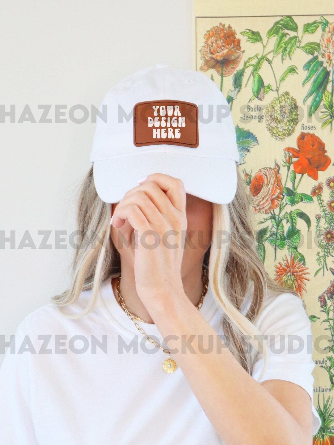 Dad Hat With Leather Patch Mock up Mockup White Light Brown Patch Hat ...