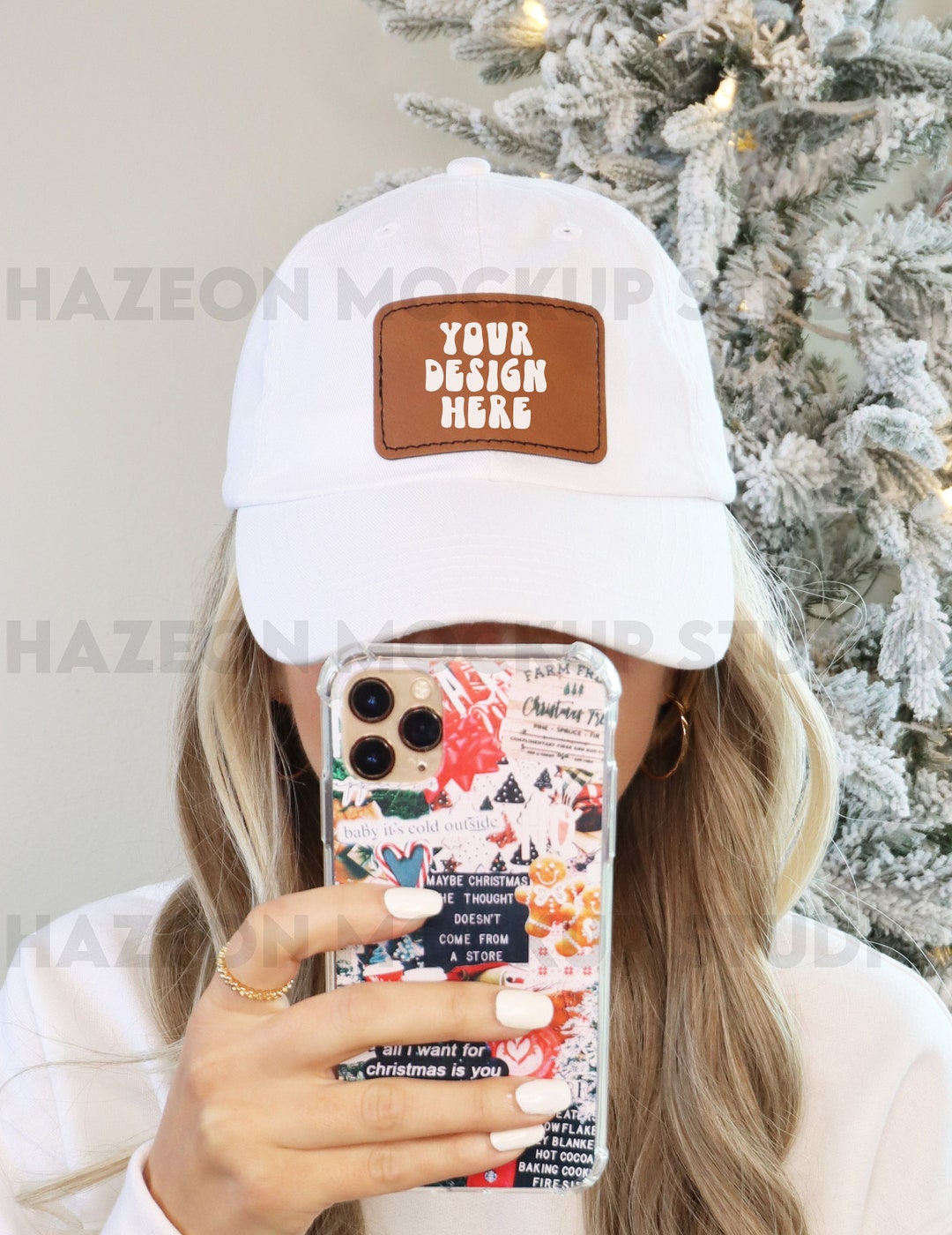 Dad Hat With Leather Patch Mock up Mockup Christmas White Light Brown ...