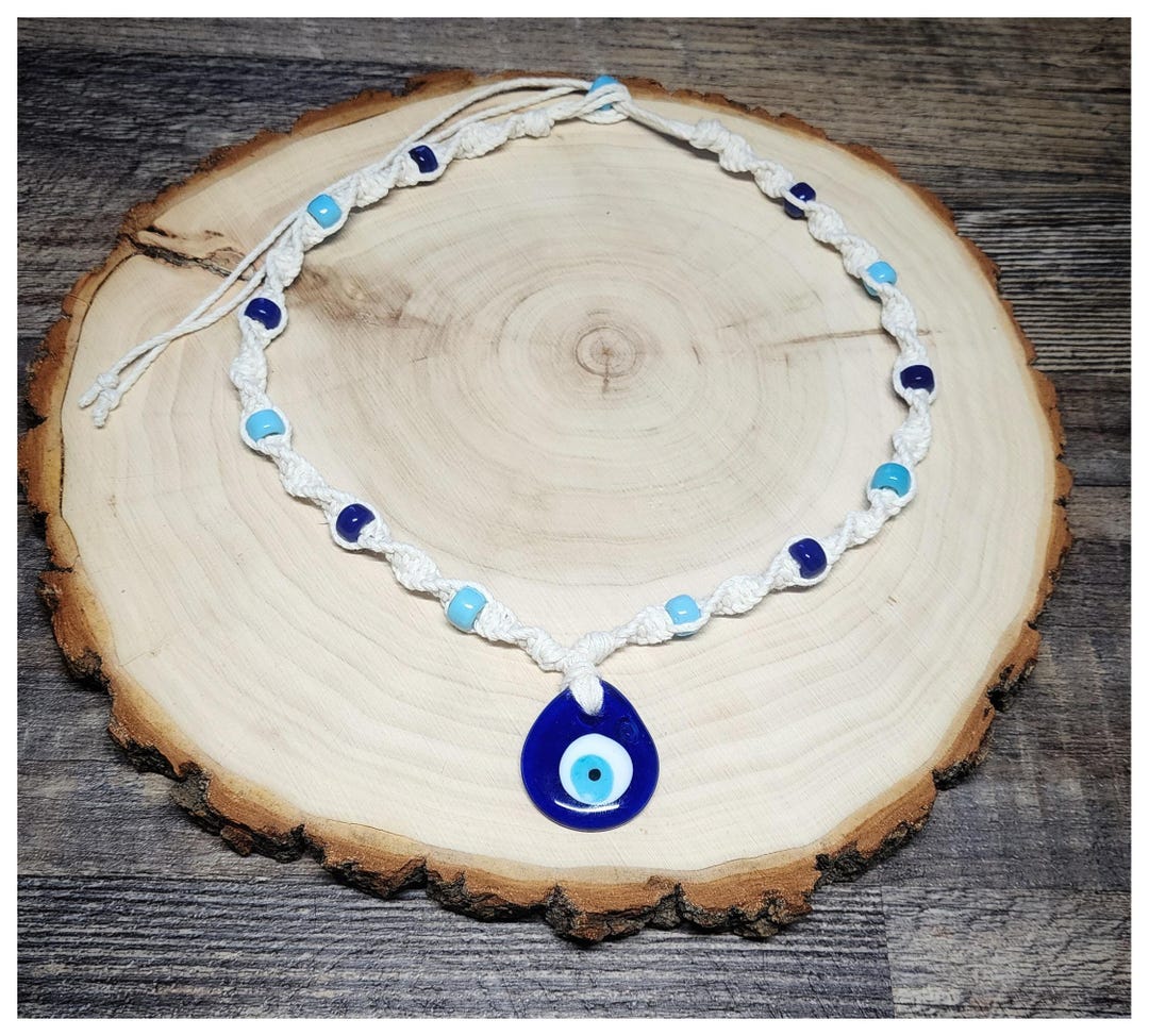 Hemp Necklace / Choker With Glass Evil Eye Protection Pendant - 6 Color ...