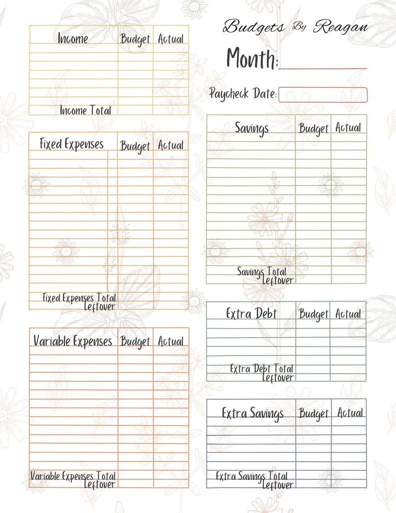 Floral Budget by Paycheck Printable Worksheet (digital Download) - Etsy