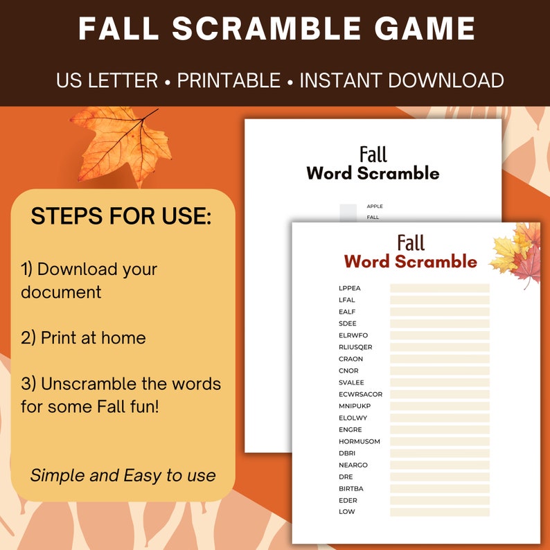 Fall Word Scramble Game, Printable Scrambled Word Puzzle, Fall Kids Fun ...