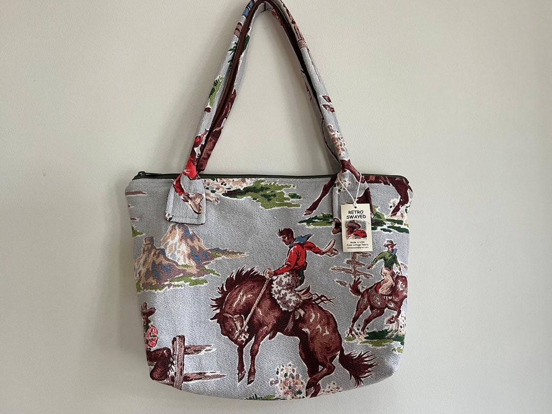 Ride 'em Cowboy Wild West Vintage Handmade Barkcloth Bag With Zippered ...
