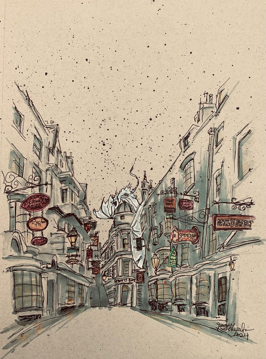 A Magical View of Diagon Alley From Harry Potter Created on Tan Paper ...