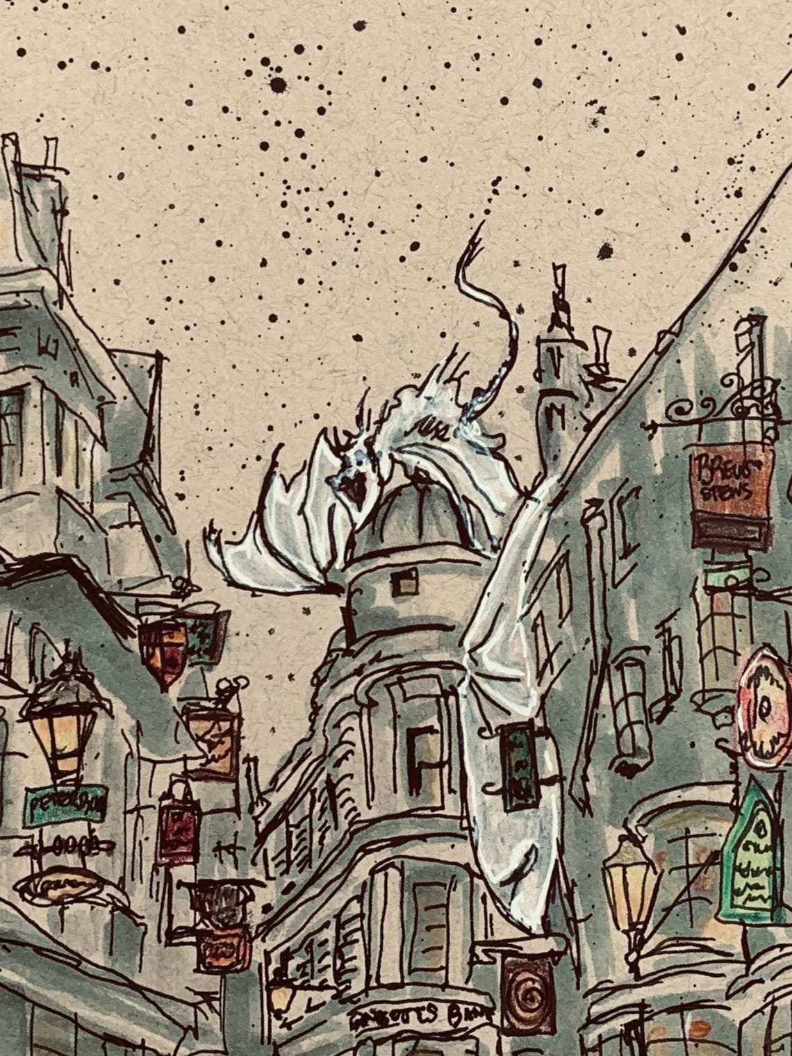 A Magical View of Diagon Alley From Harry Potter Created on Tan Paper ...