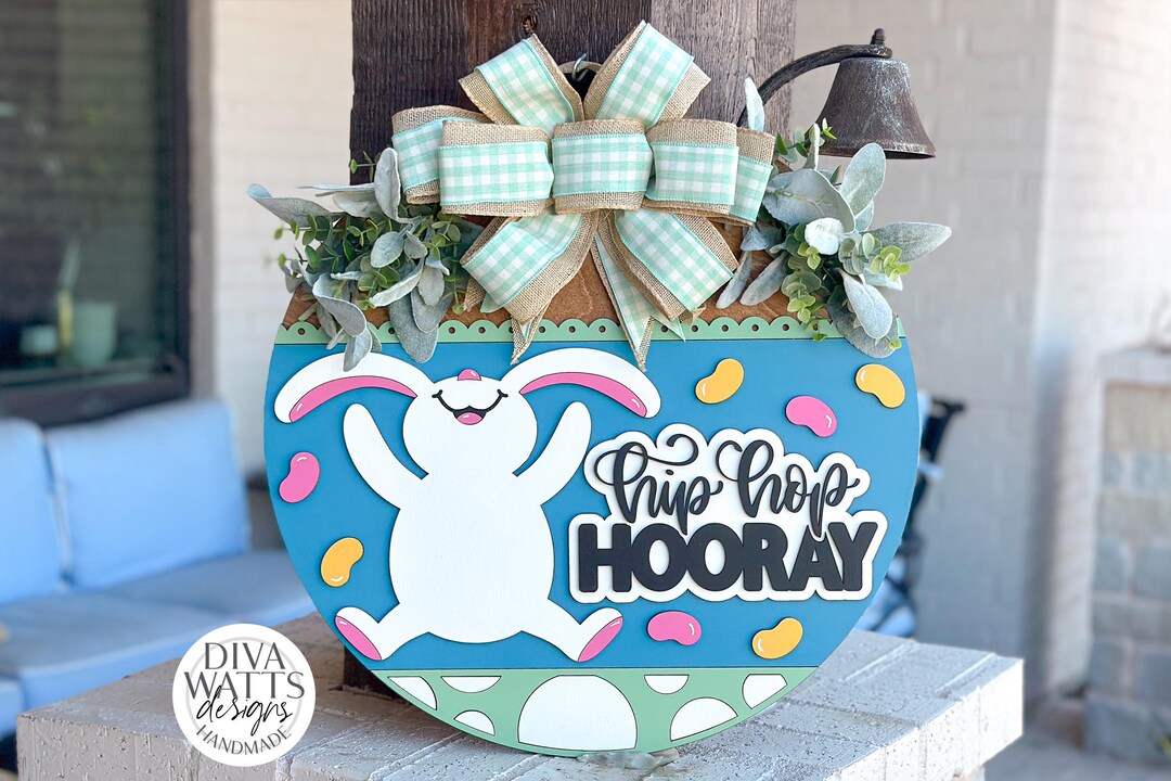 Hip Hop Hooray Easter Door Hanger - Hand Painted 3D Bunny Sign - Spring ...