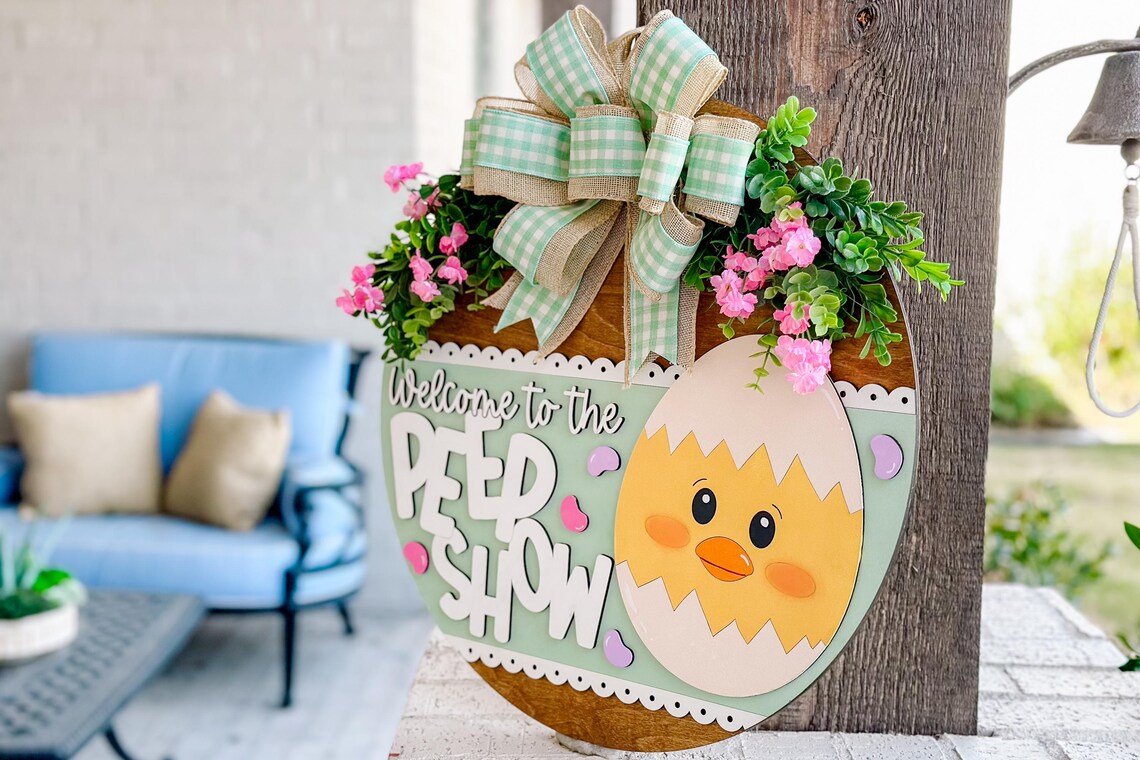 Welcome to the Peep Show Easter Door Hanger 3D Hand-painted Wood Sign, Spring Chick Decor by ...