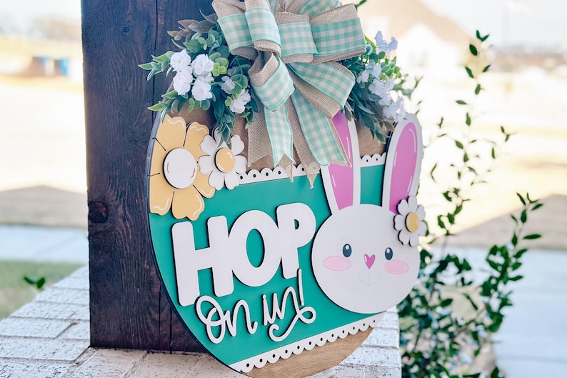 Hop on in Bunny Door Hanger Hand-painted Easter Round Wood Sign Custom ...
