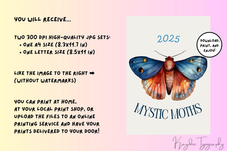Mystic Moths Watercolour 2025 Calendar Instant Download Cozy Minimalist ...