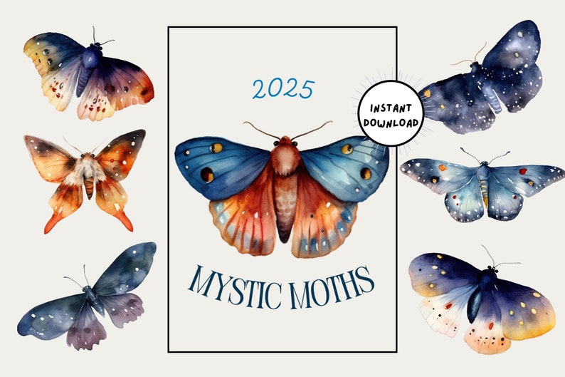Mystic Moths Watercolour 2025 Calendar Instant Download Cozy Minimalist ...