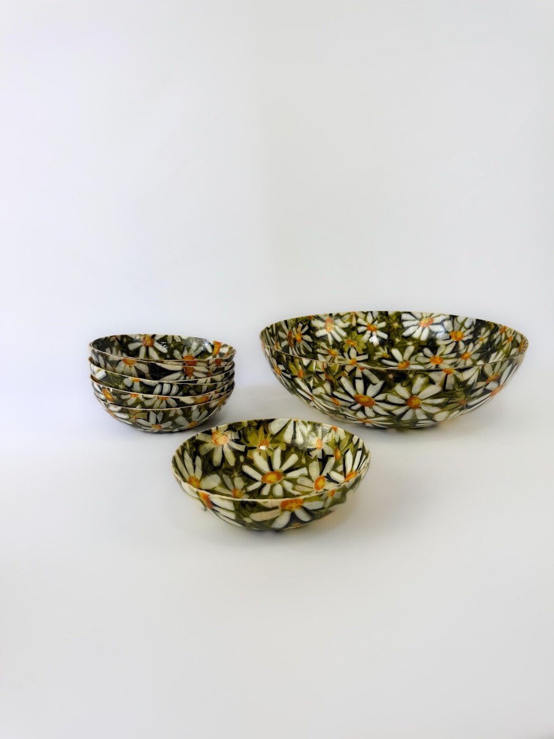 Vintage Green Daisy Pattern Fiberglass Serving Bowl Set - Large Bowl ...