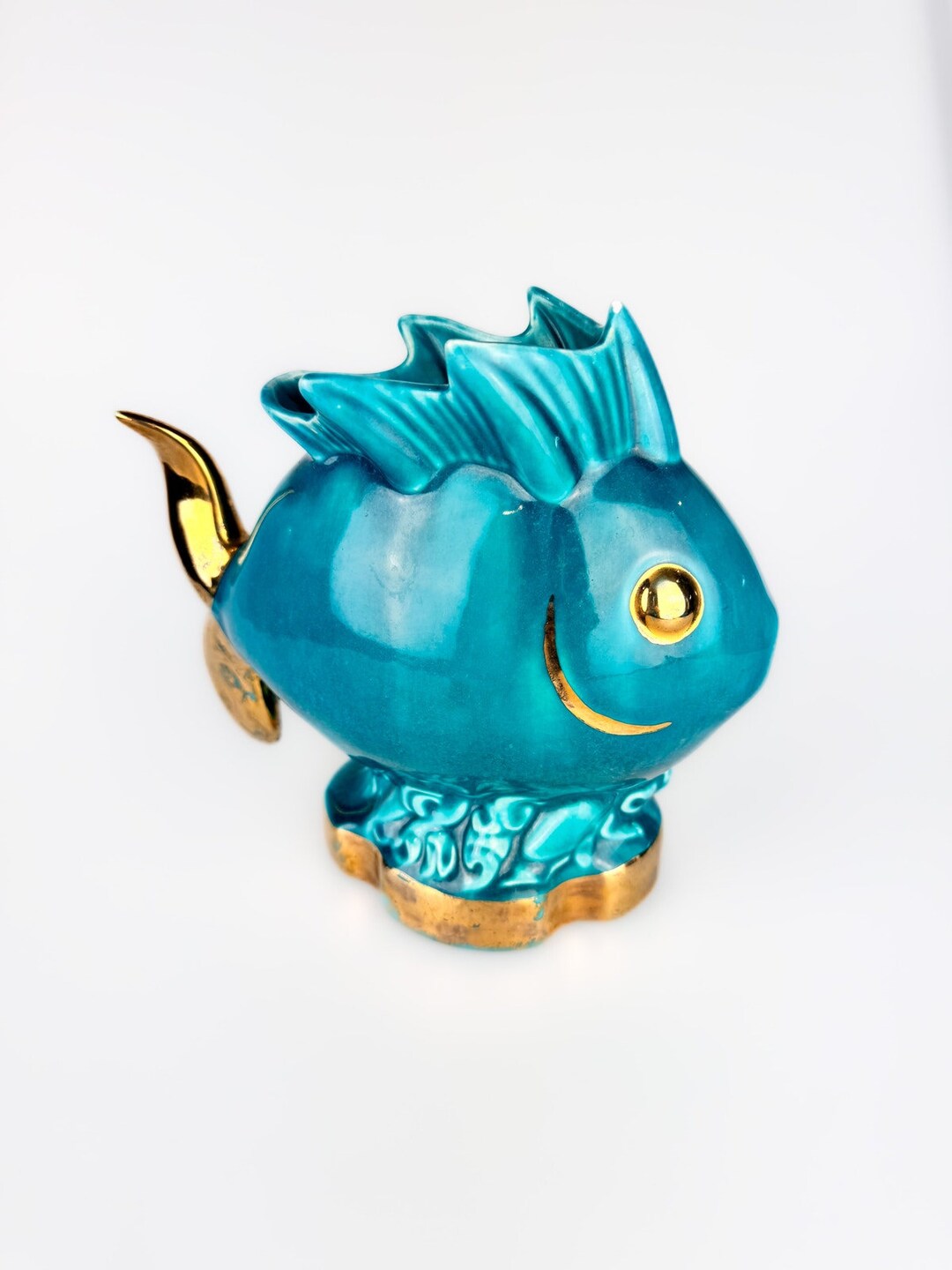 VTG MCM 1950s Turquoise Blue Fish Planter With Gold Detail Coastal ...