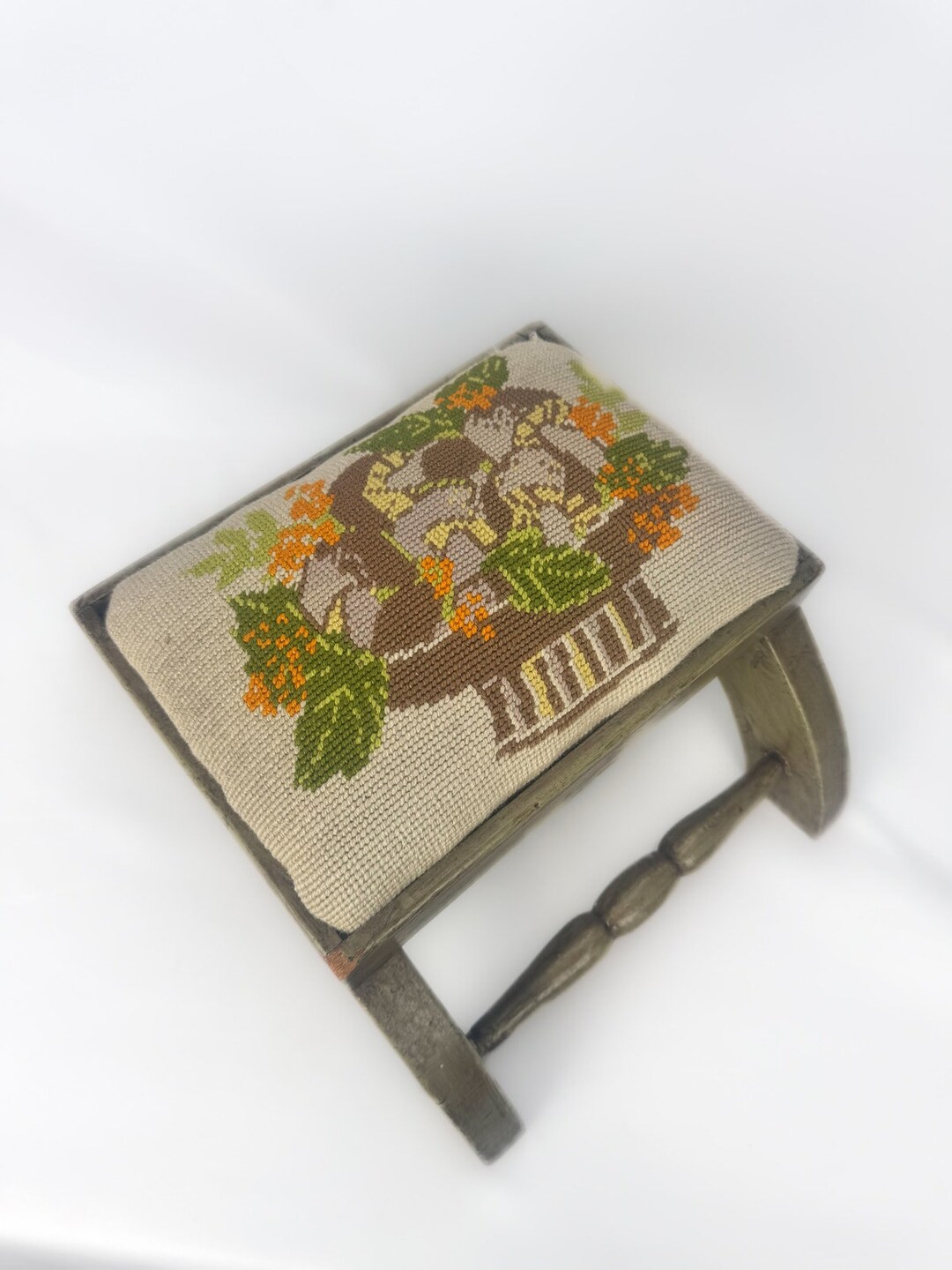 Vintage 1970s Needlepoint Mushroom / Toadstool Wooden Foot Stool ...