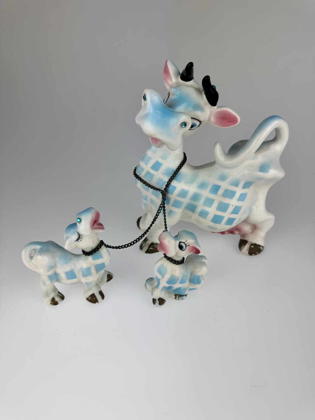 Vintage Anthropomorphic Baby Blue Jersey Cow Mom & Babies on Chain Made ...