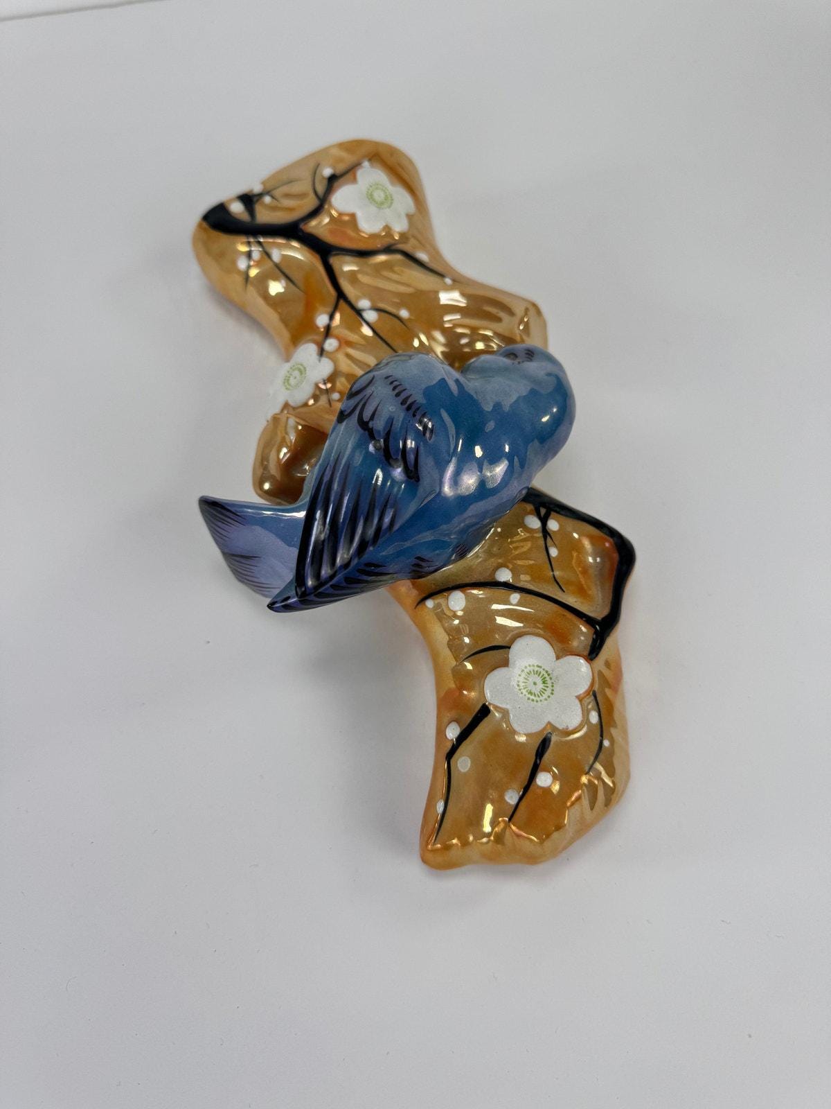 Vintage 1940s Japanese Lustreware Wall Pocket - 3D Blue Bird on Cherry ...