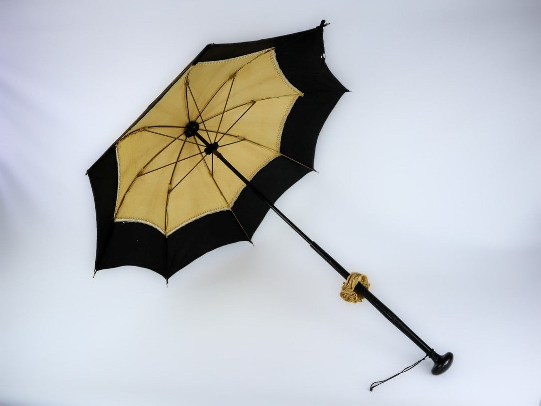 Antique Cream & Black Silk Long Handle Parasol - Etsy