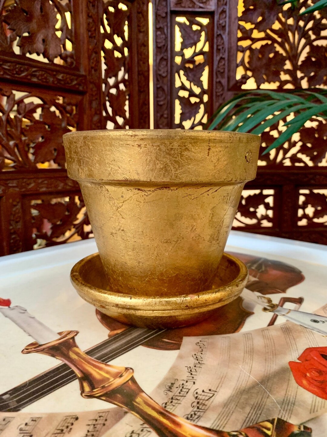 Vintage Pottery Barn Deroma Gilt Terracotta Pot and Saucer Made in ...