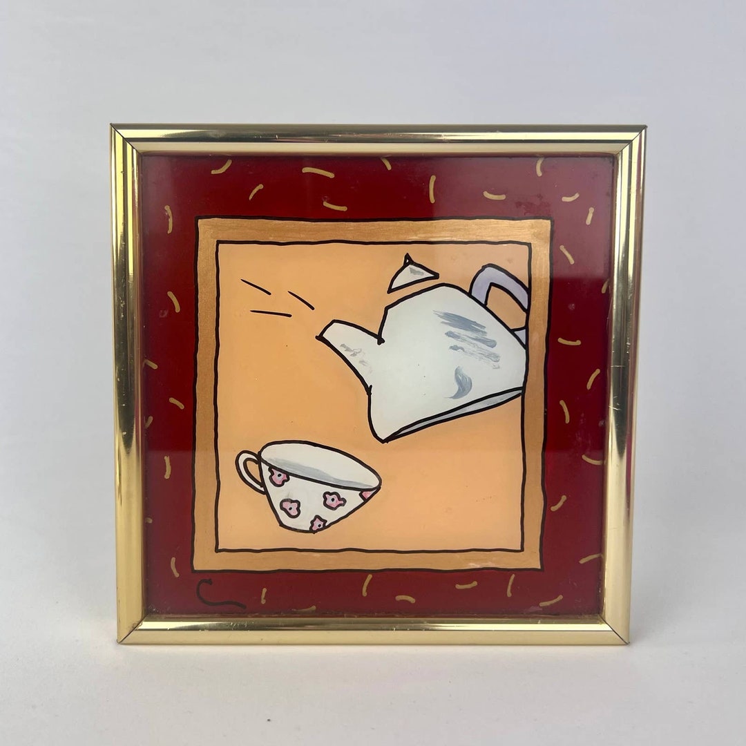 Vintage 1990s Memphis Style Brass Framed Art - Teapot and Cup - Etsy