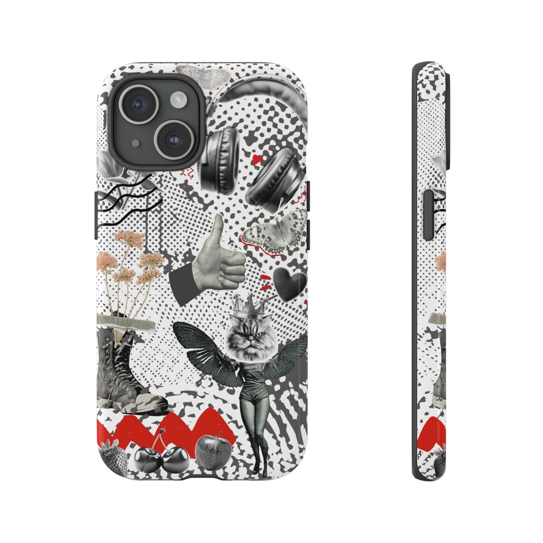 Weirdcore Collage iPhone Case, Black and White With Pops of Passion Red ...