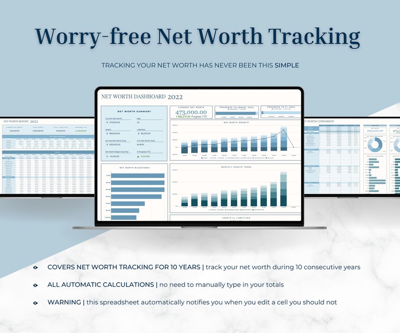Multi-year Net Worth Dashboard, Annual Net Worth Tracker Spreadsheet ...
