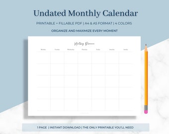 Undated Monthly Calendar Template - Etsy UK