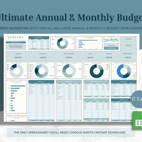 PREMIUM Annual & Monthly Budget Spreadsheet Google Sheets, Debt Tracker ...