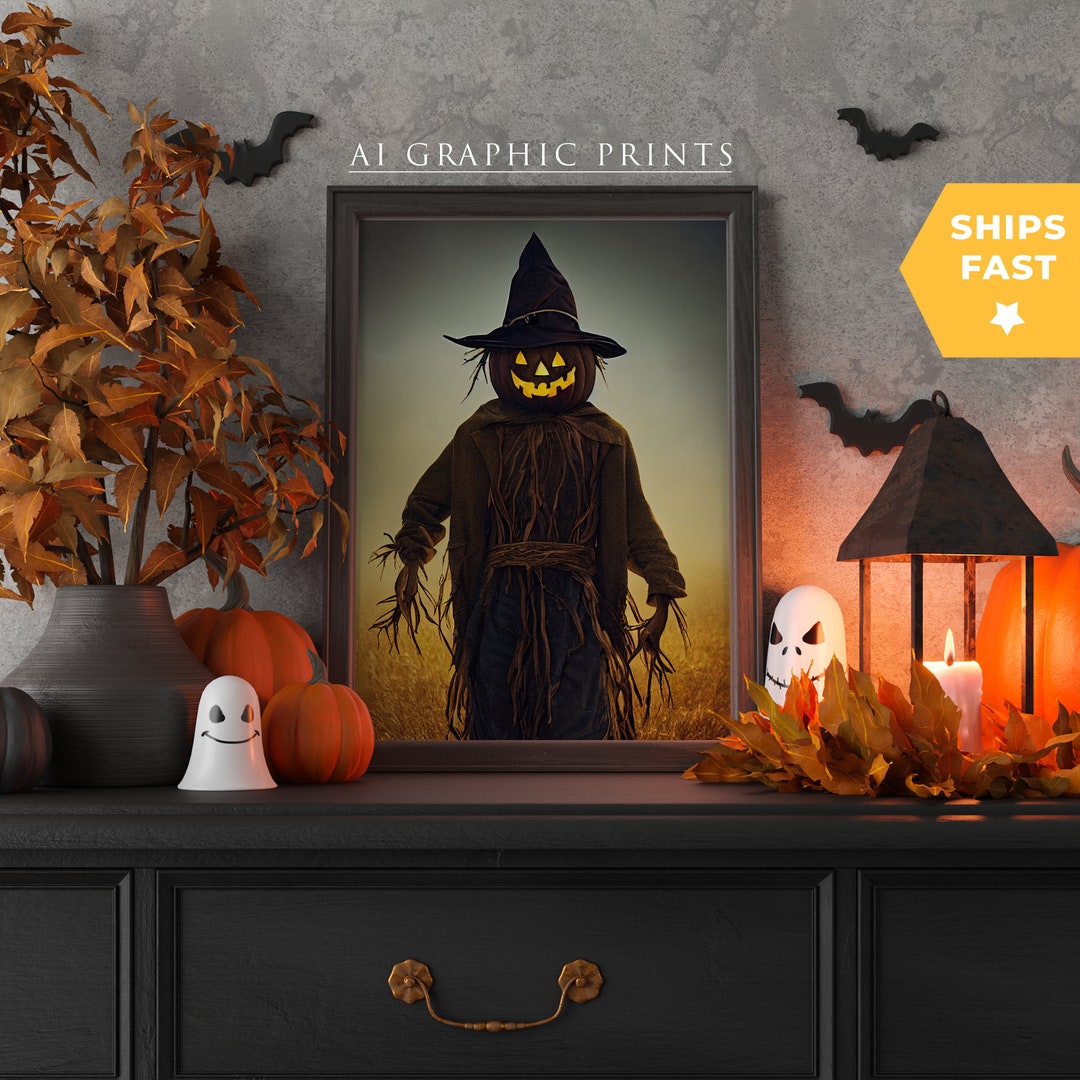 Pumpkin Scarecrow Halloween Print, Ai Wall Art Digital, Spooky Fall ...