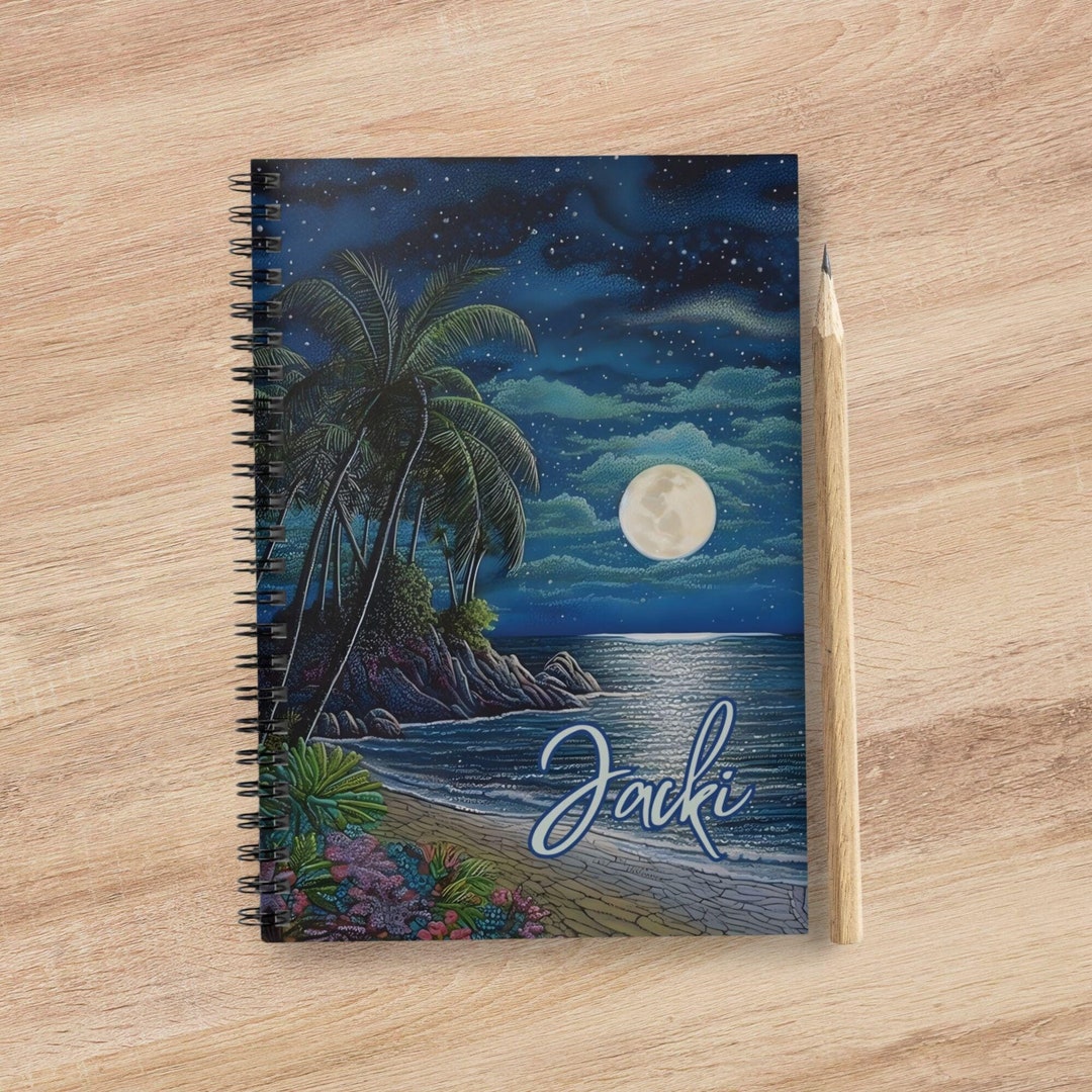 Spiral Notebook - Moonlit Island Beach, Journal, Ocean Waves Notebook ...